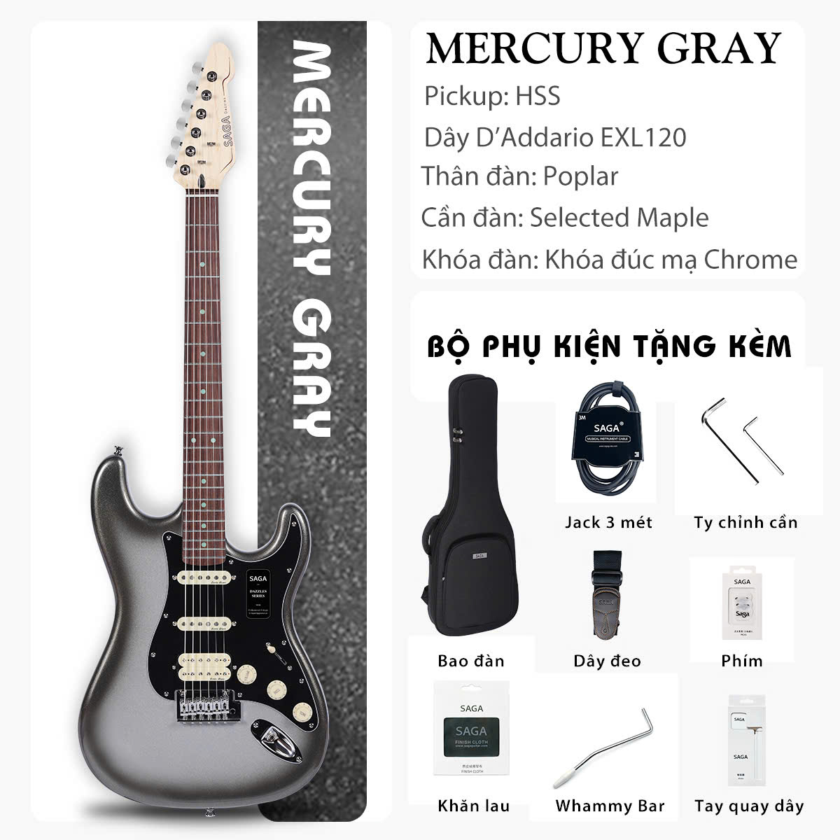 Guitar Điện SAGA Dazzles Mercury Gray
